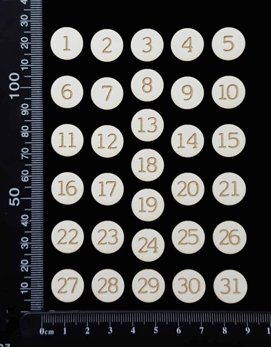 Laser Engraved Number Circles - 1 - 31 - Set B - White Chipboard ...